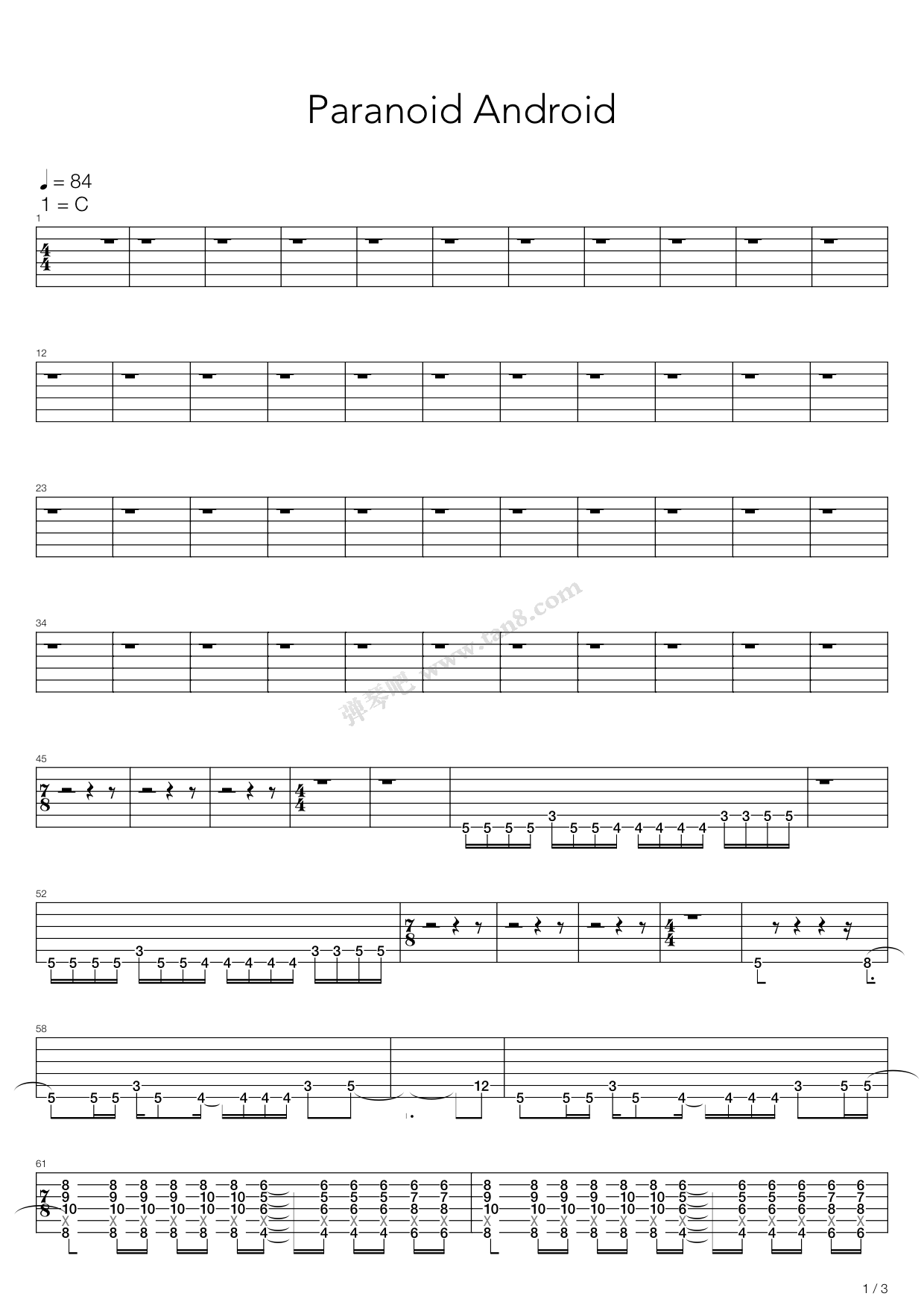 《Paranoid Android》,Radiohead（六线谱 调六线吉他谱-虫虫吉他谱免费下载