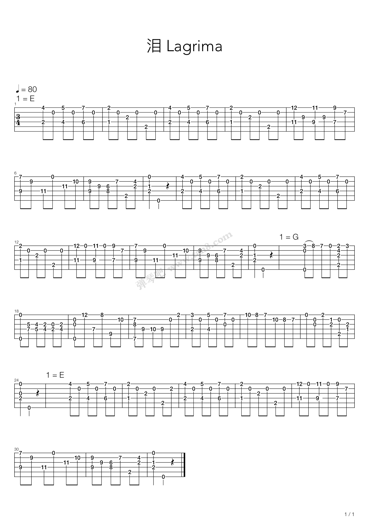 《Lagrima》,Francisco Tarrega（ 调六线-独奏吉他谱-虫虫吉他谱免费下载