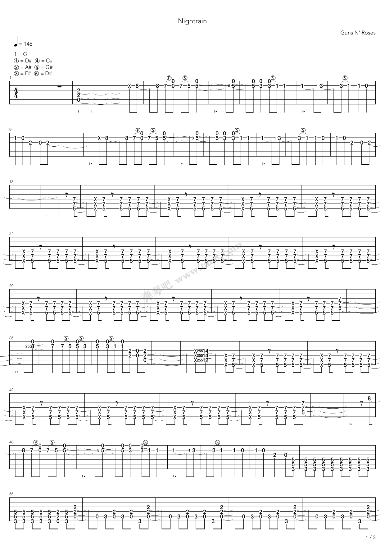 《Nightrain》,Gun And Roses(枪和玫瑰)（六线谱 调六线吉他谱-虫虫吉他谱免费下载