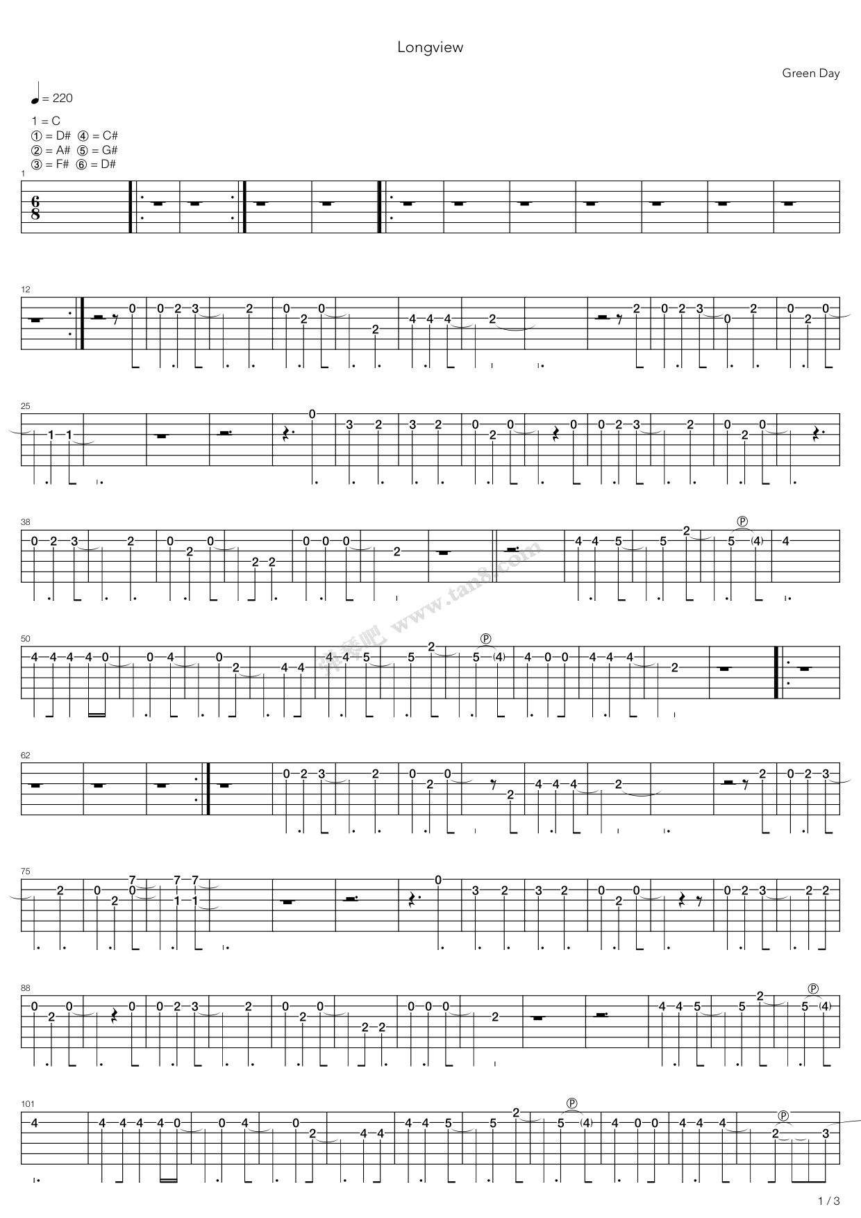 《Longview》,Green Day（六线谱 调六线吉他谱-虫虫吉他谱免费下载