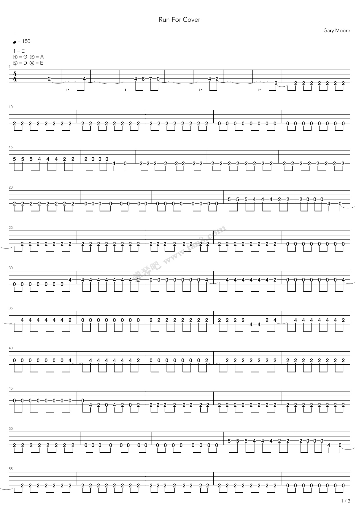 《Run For Cover》,Gary Moore（六线谱 调六线吉他谱-虫虫吉他谱免费下载