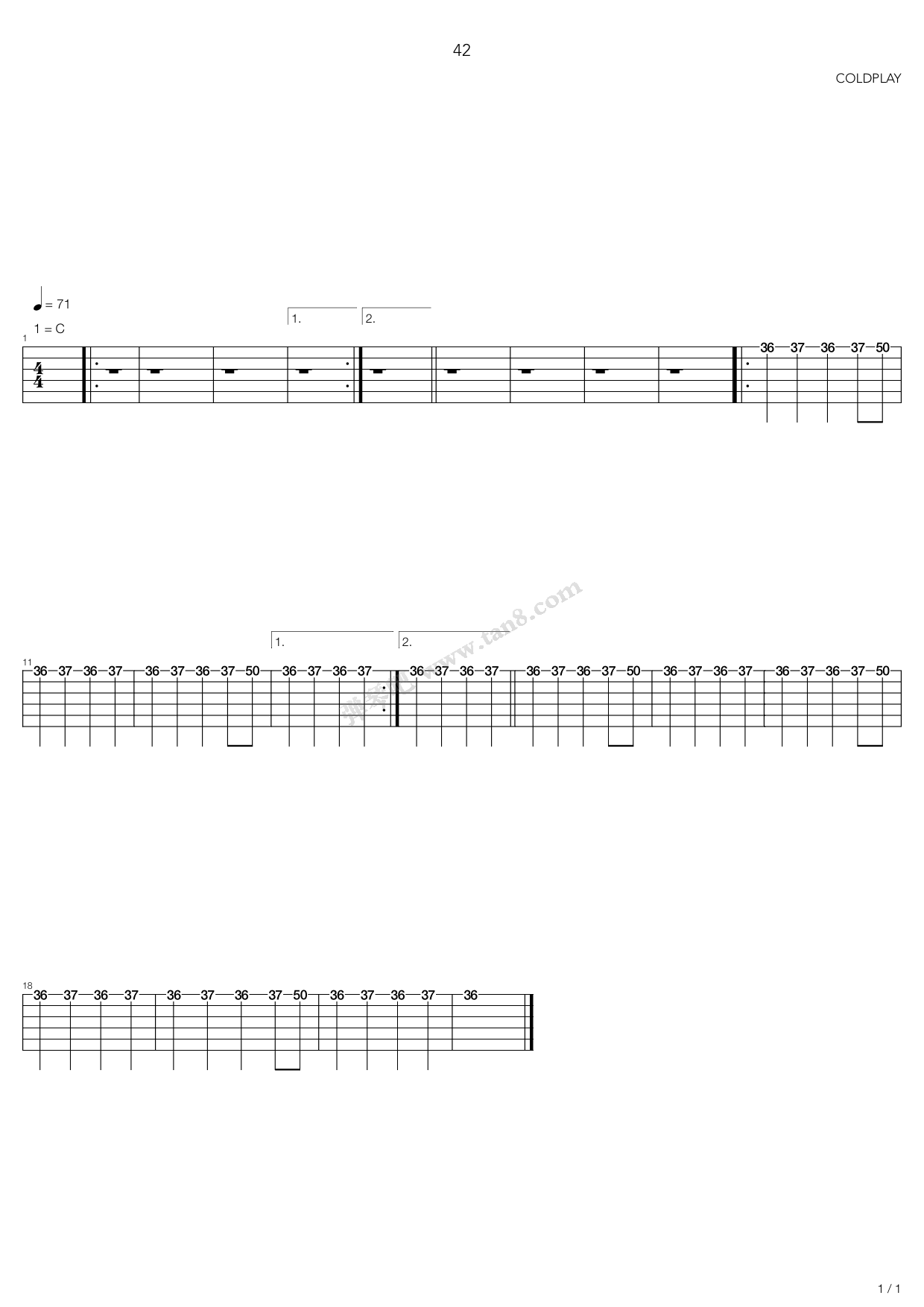 《42》,Coldplay（六线谱 调六线吉他谱-虫虫吉他谱免费下载