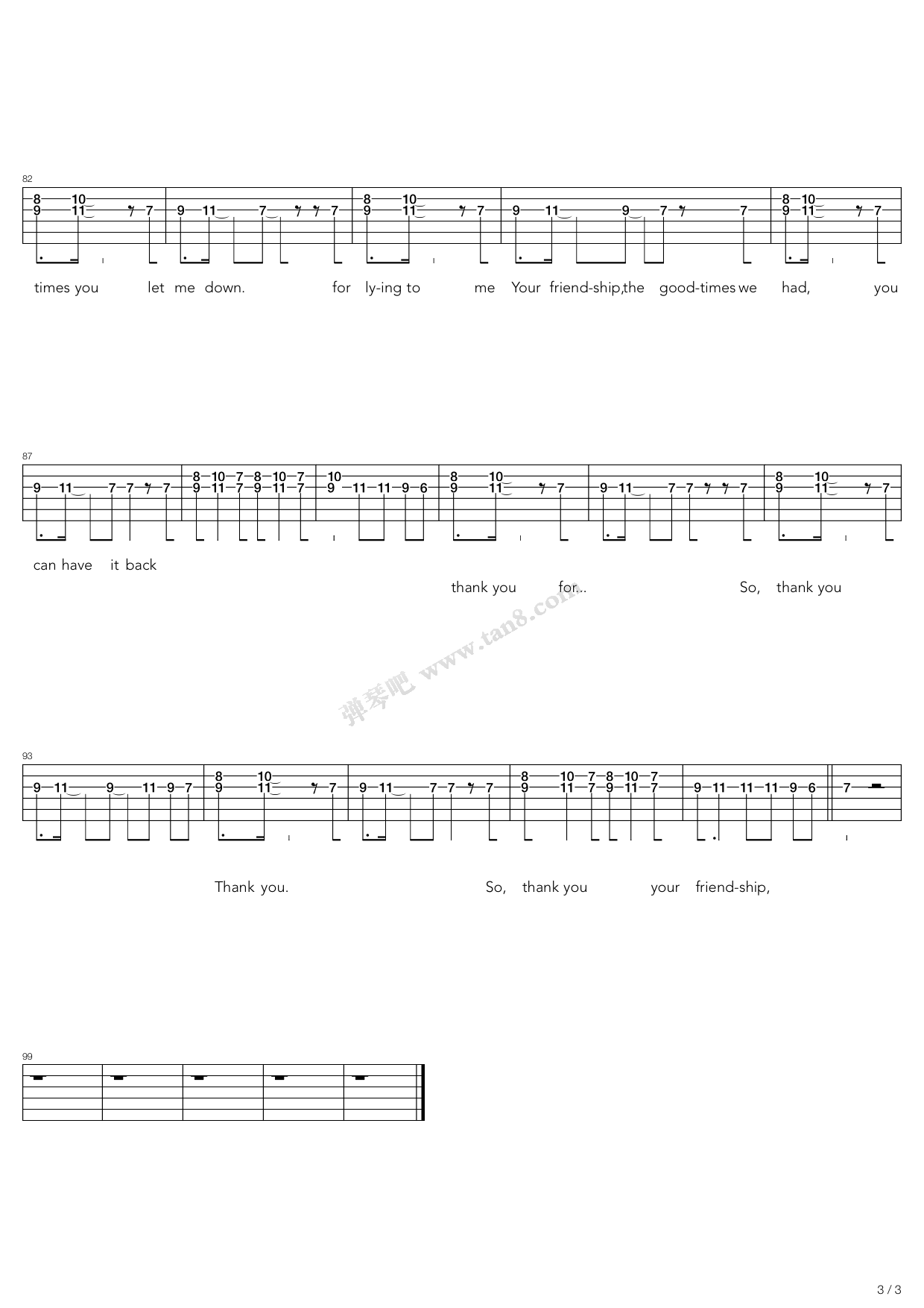 《Thank You》,Simple Plan（六线谱 调六线吉他谱-虫虫吉他谱免费下载