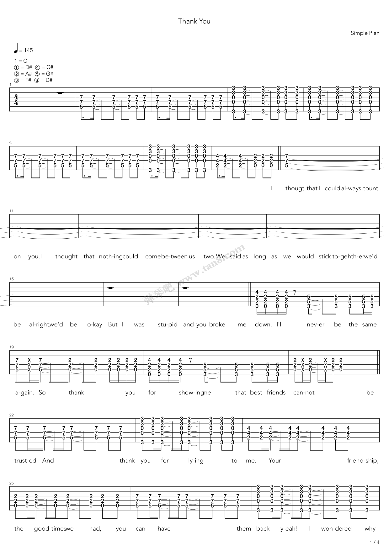 《Thank You》,Simple Plan（六线谱 调六线吉他谱-虫虫吉他谱免费下载