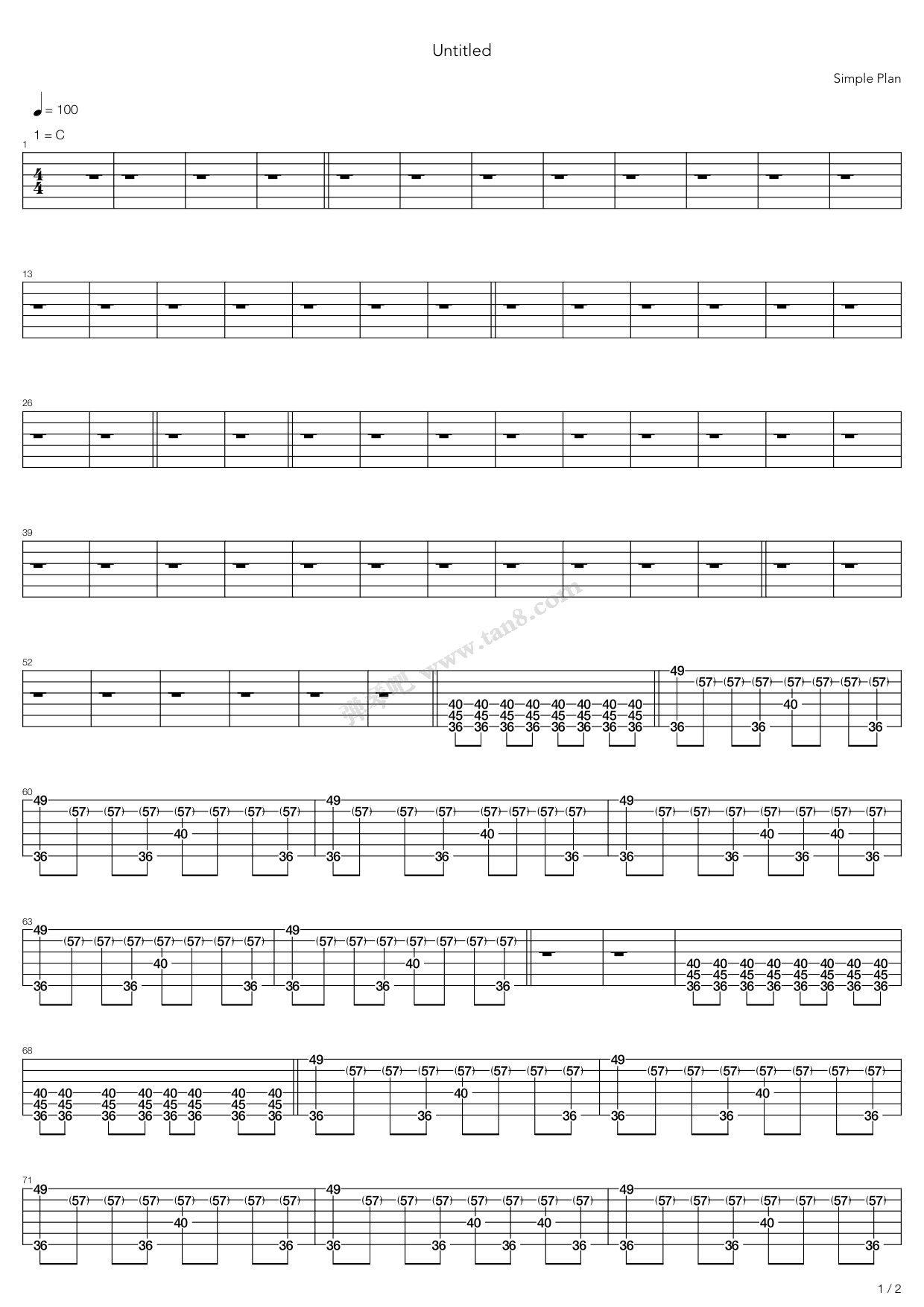《Untitled》,Simple Plan（六线谱 调六线吉他谱-虫虫吉他谱免费下载