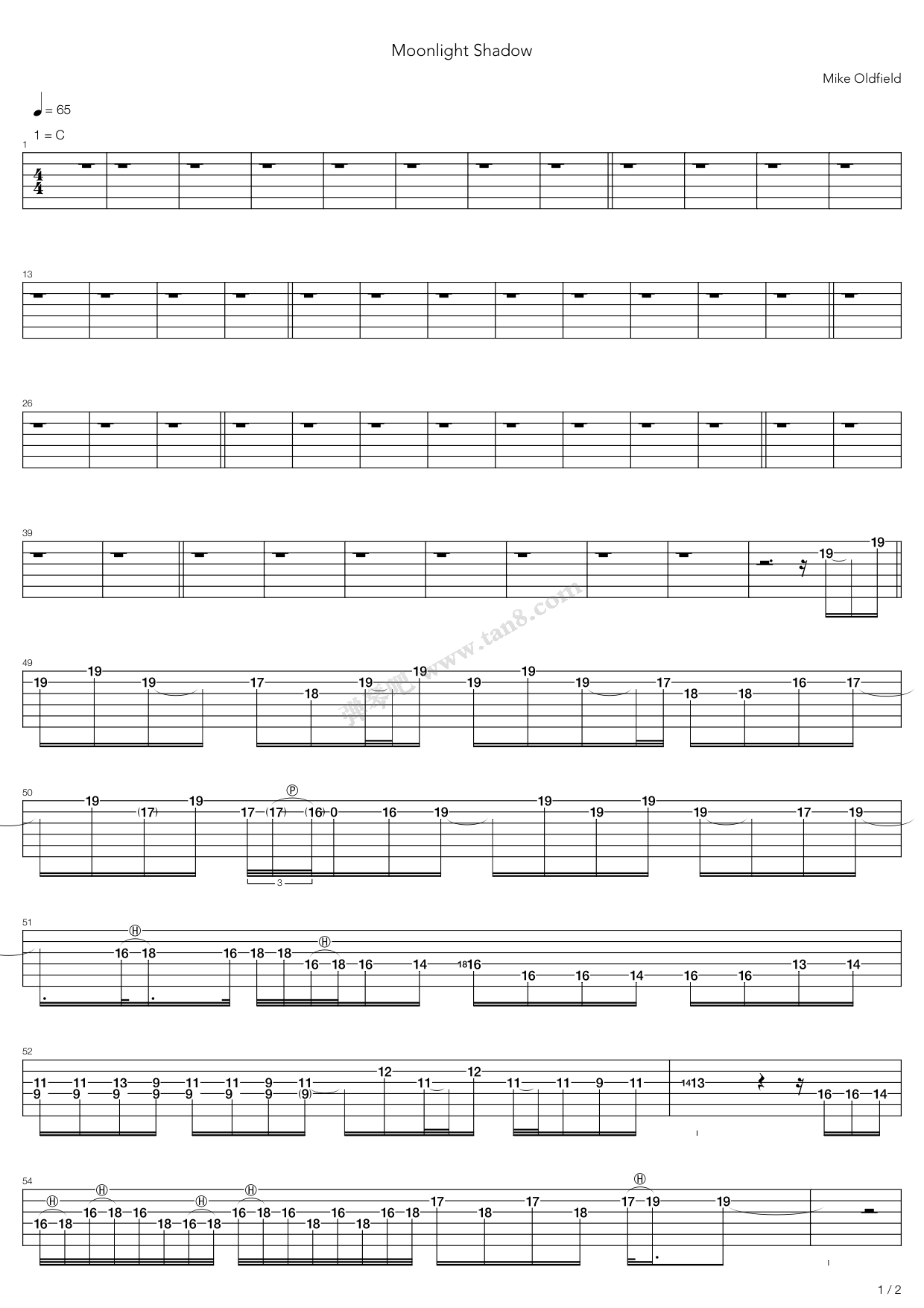 《Moonlight Shadow》,Mike Oldfield（ 调六线吉他谱-虫虫吉他谱免费下载