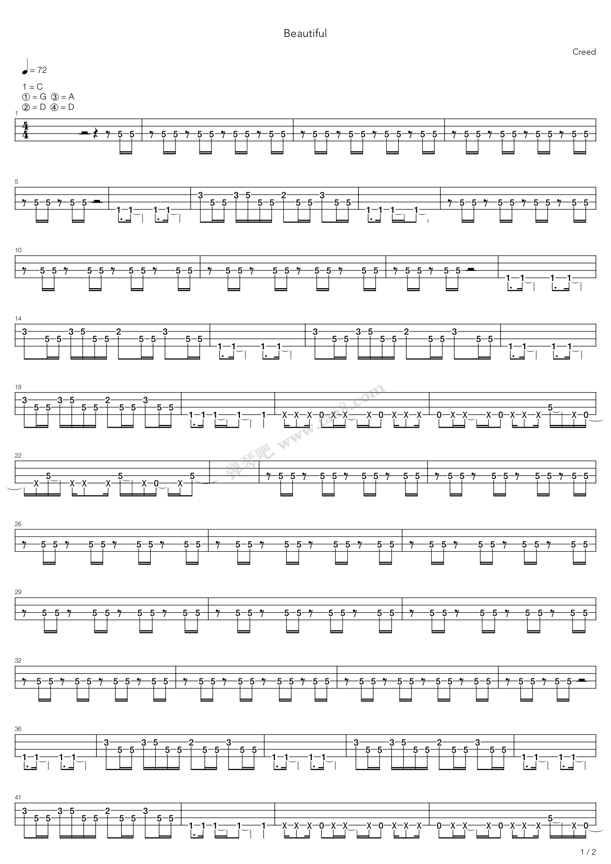 《Beautiful》,Creed（六线谱 调和弦TXT吉他谱-虫虫吉他谱免费下载
