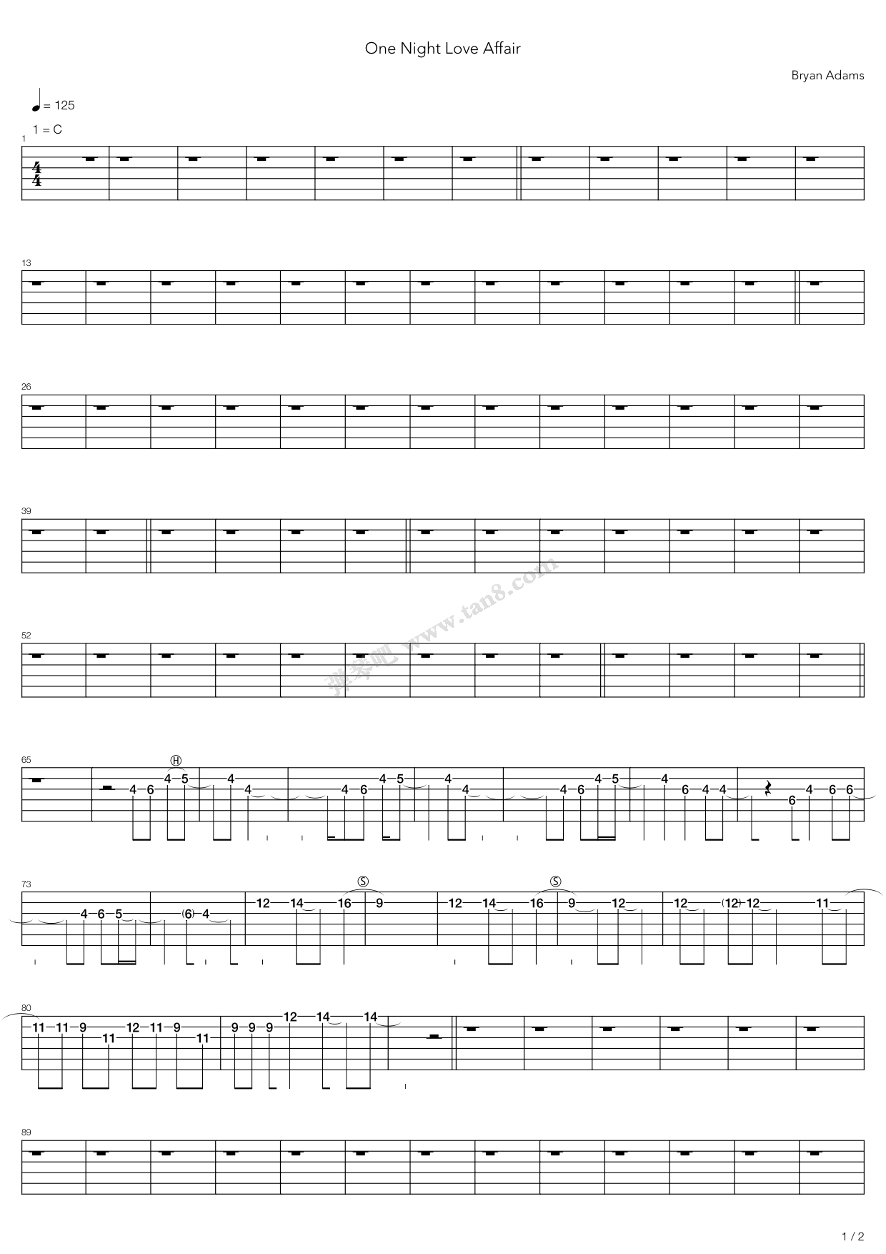 《One Night Love Affair》,Bryan Adams（六线谱 调六线吉他谱-虫虫吉他谱免费下载