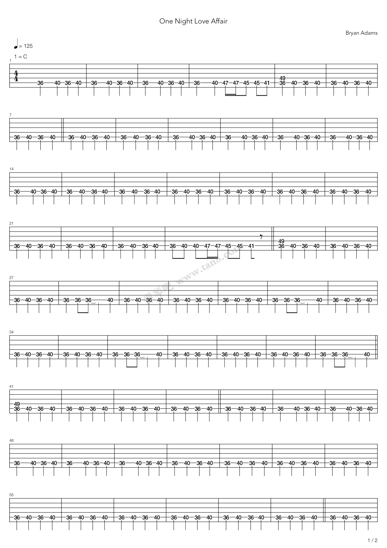 《One Night Love Affair》,Bryan Adams（六线谱 调六线吉他谱-虫虫吉他谱免费下载