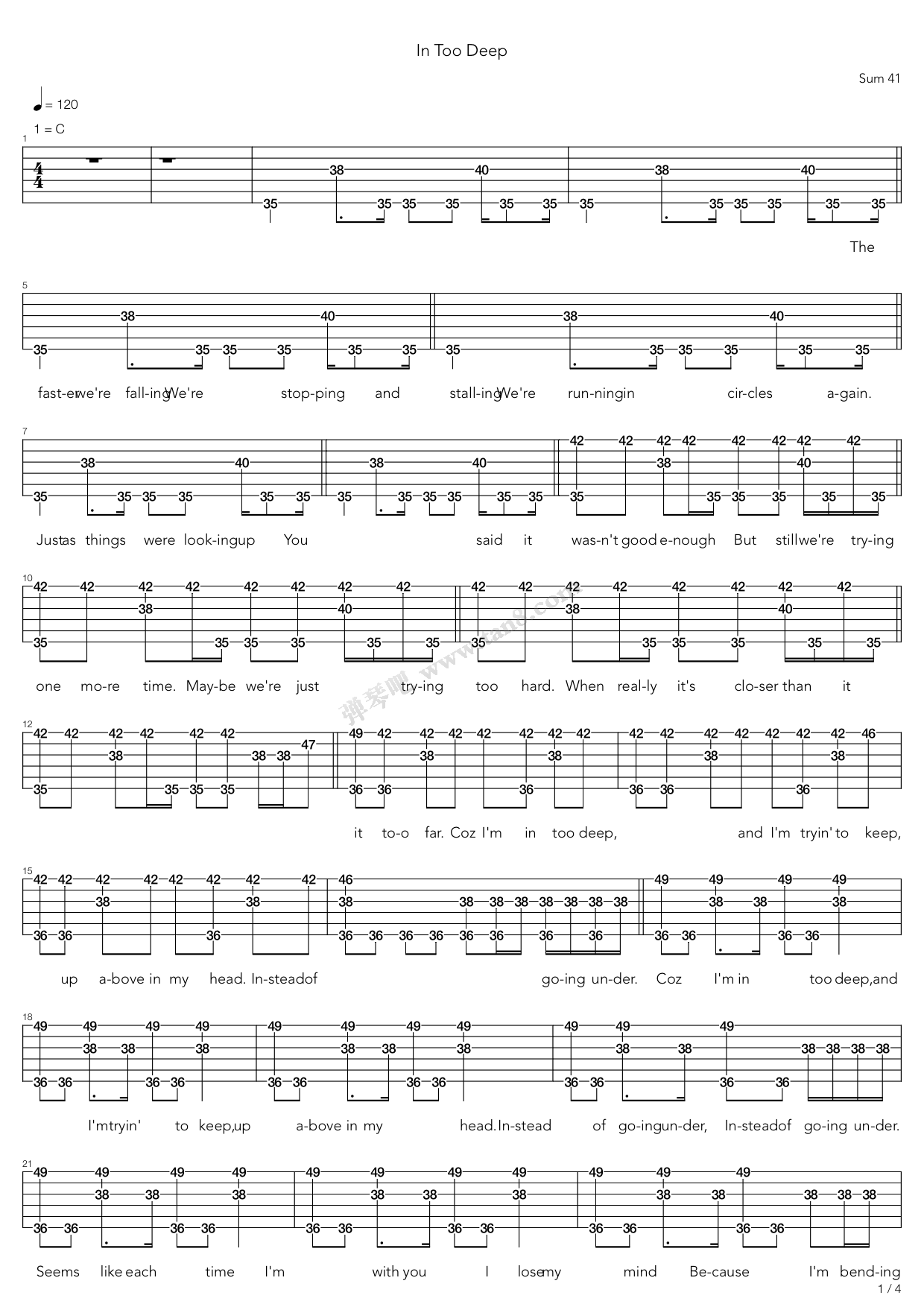 《In Too Deep》,Sum 41（六线谱 调六线吉他谱-虫虫吉他谱免费下载