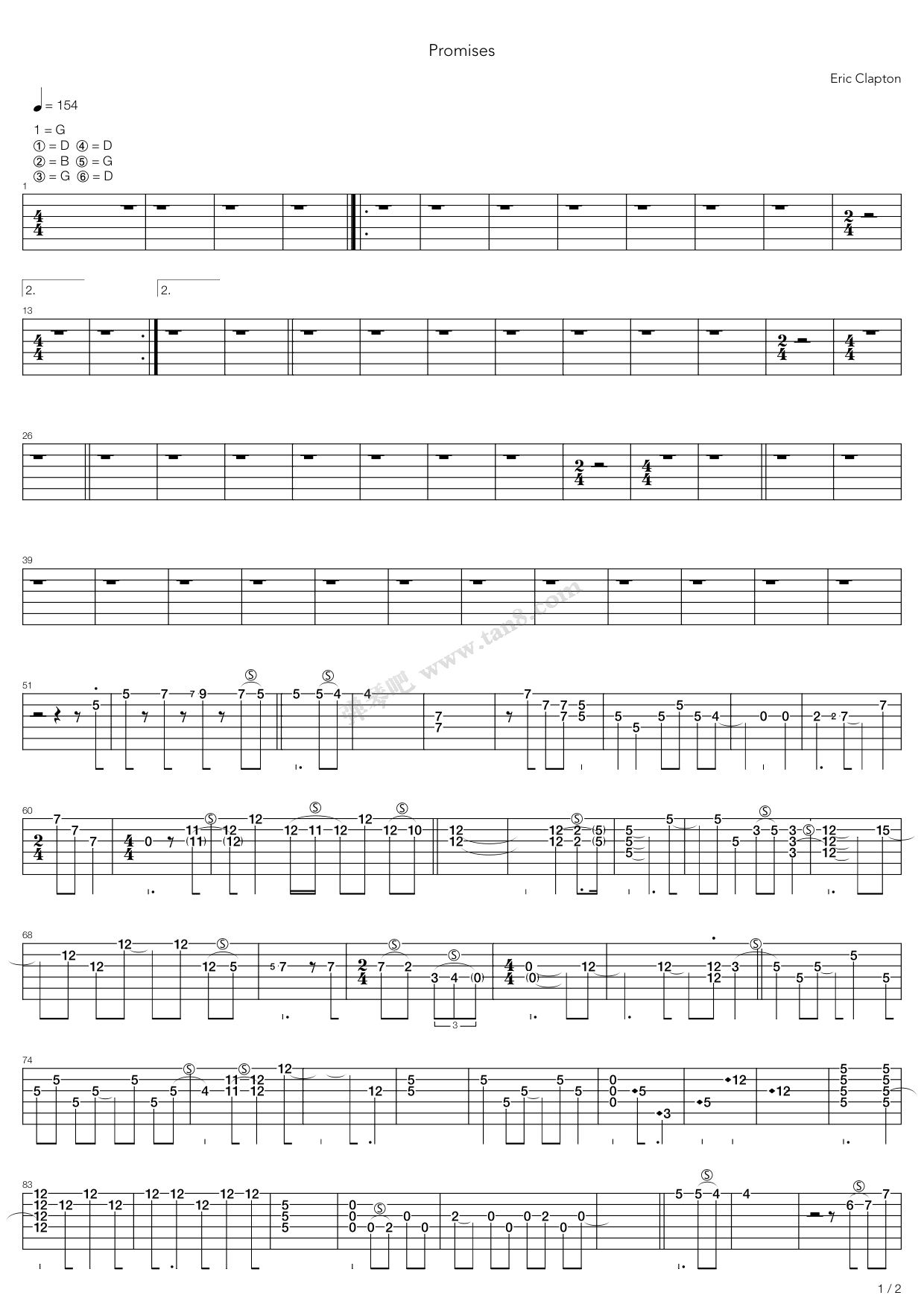 《Promises》,Eric Clapton（六线谱 调六线吉他谱-虫虫吉他谱免费下载