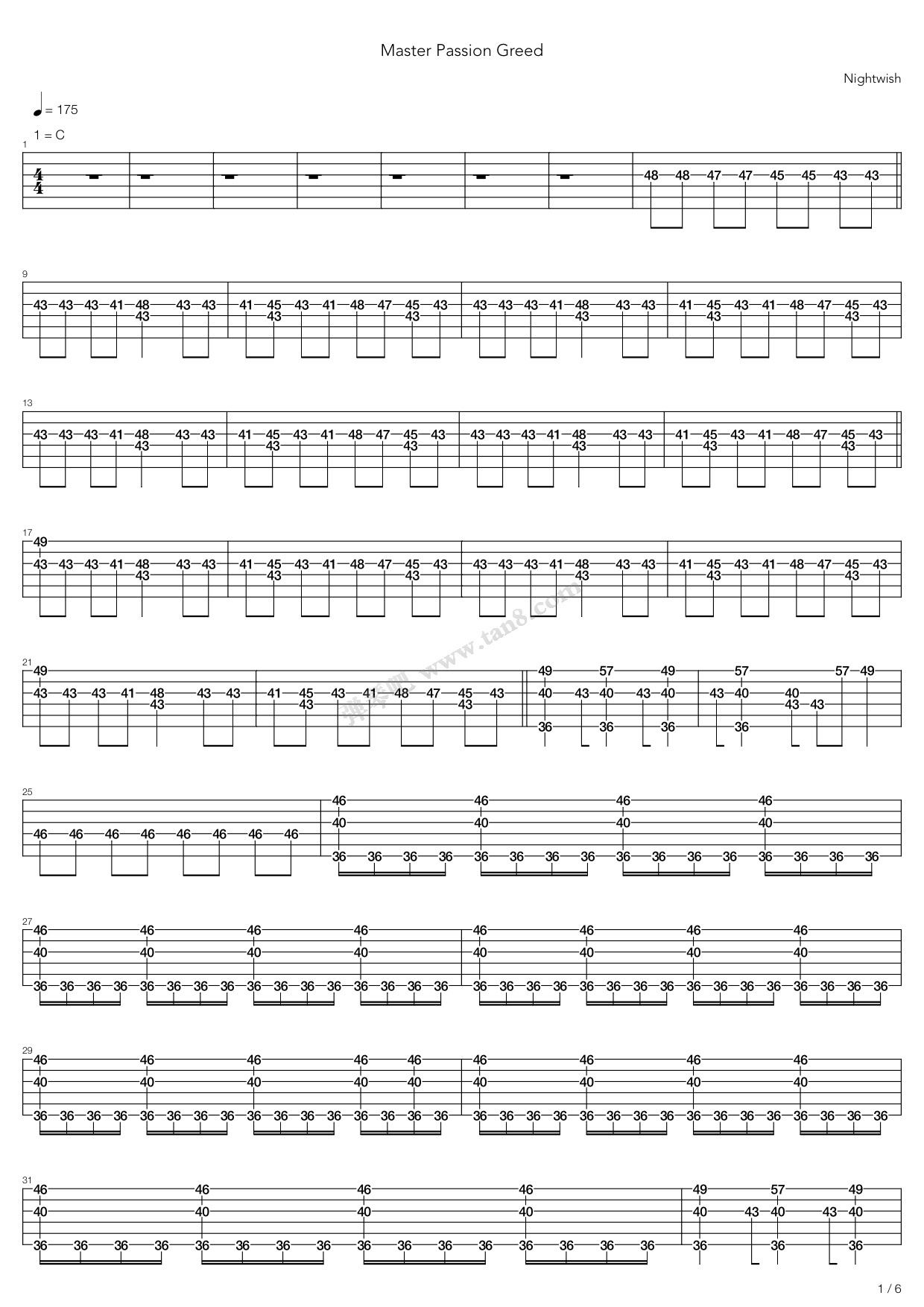 《Master Passion Greed》,Nightwish（六线谱 调六线吉他谱-虫虫吉他谱免费下载