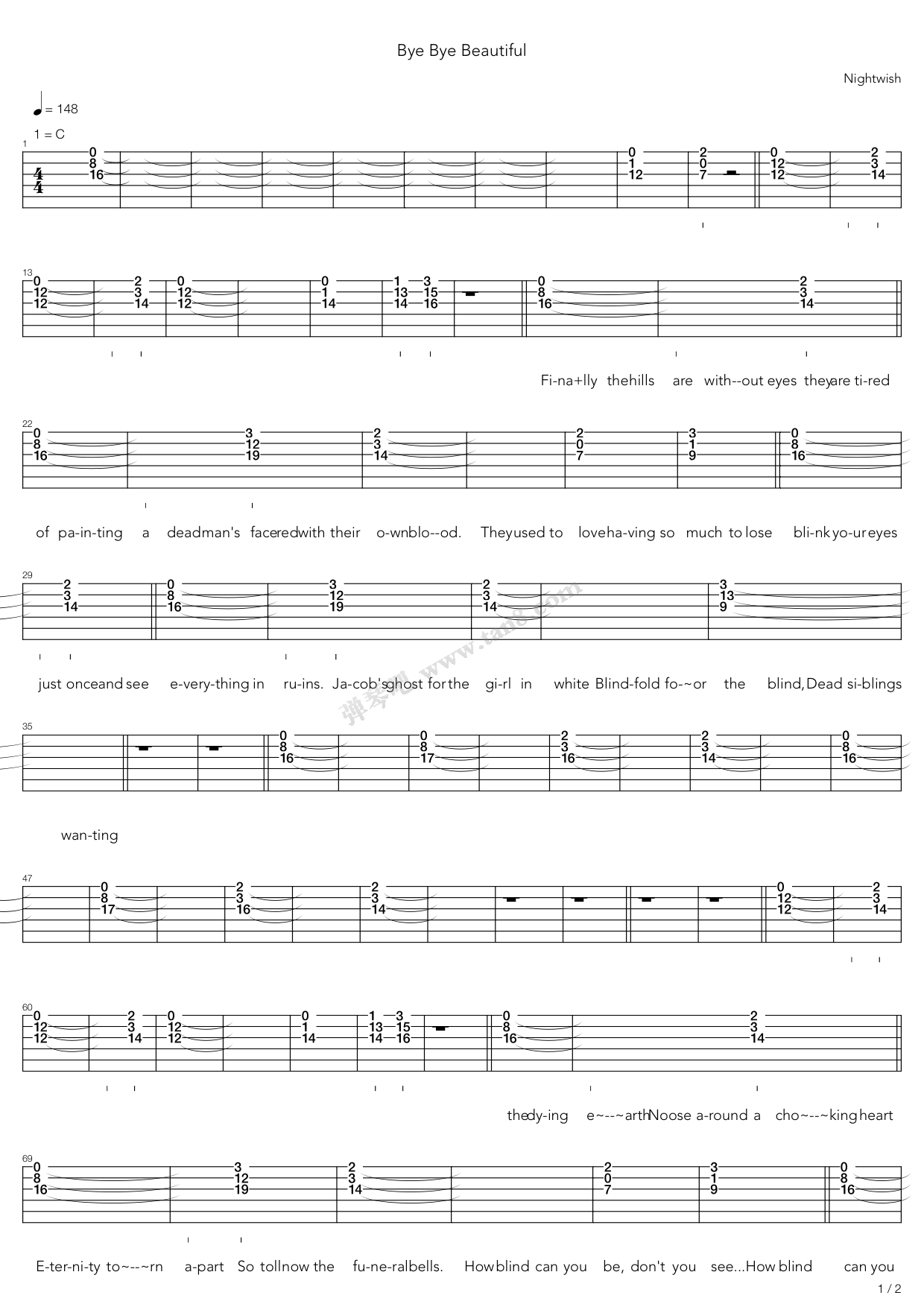 《Bye Bye Beautiful》,Nightwish（六线谱 调六线吉他谱-虫虫吉他谱免费下载