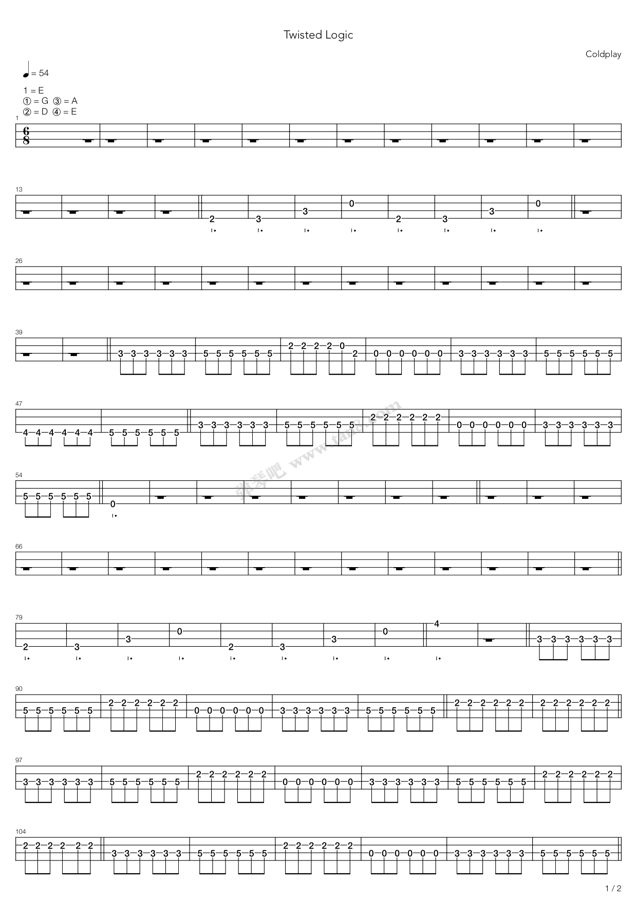 《Twisted Logic》,Coldplay（六线谱 调六线吉他谱-虫虫吉他谱免费下载