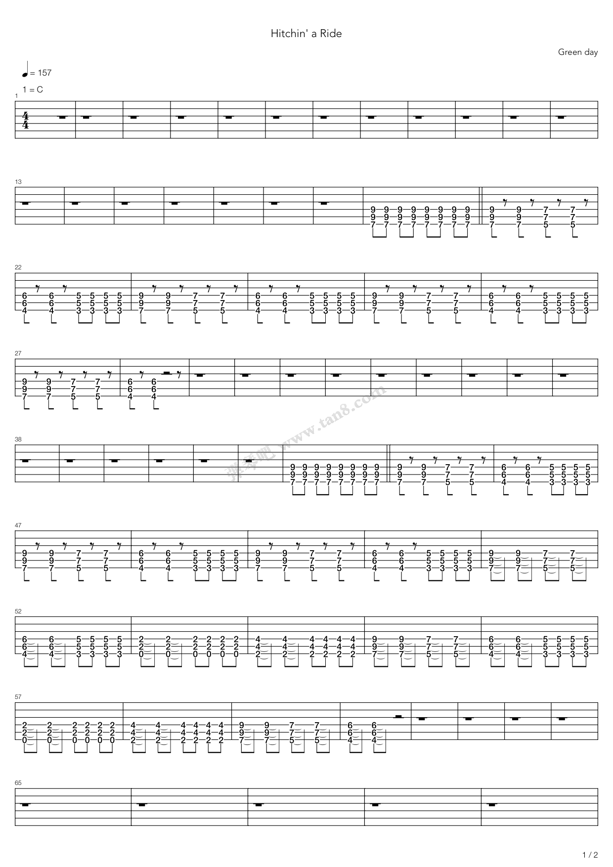 《Hitchin A Ride》,Green Day（六线谱 调六线吉他谱-虫虫吉他谱免费下载