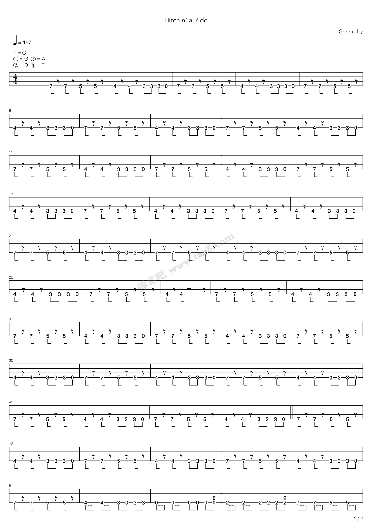 《Hitchin A Ride》,Green Day（六线谱 调六线吉他谱-虫虫吉他谱免费下载