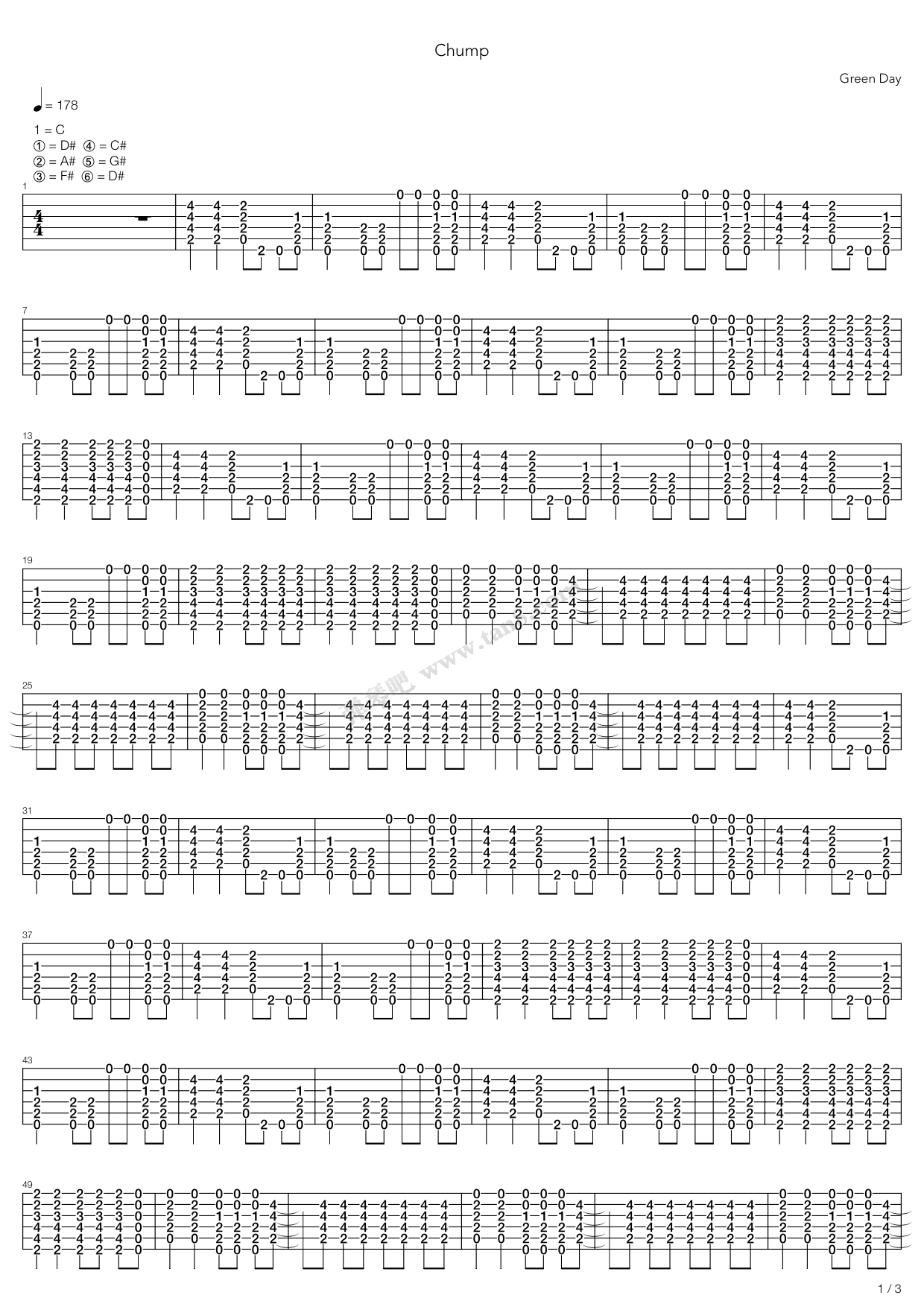 《Chump》,Green Day（六线谱 调六线吉他谱-虫虫吉他谱免费下载