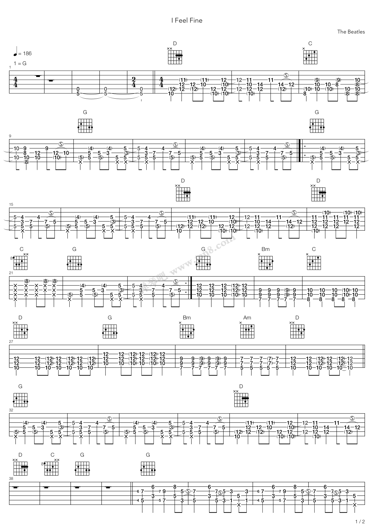 《I Feel Fine》,The Beatles（六线谱 调六线吉他谱-虫虫吉他谱免费下载