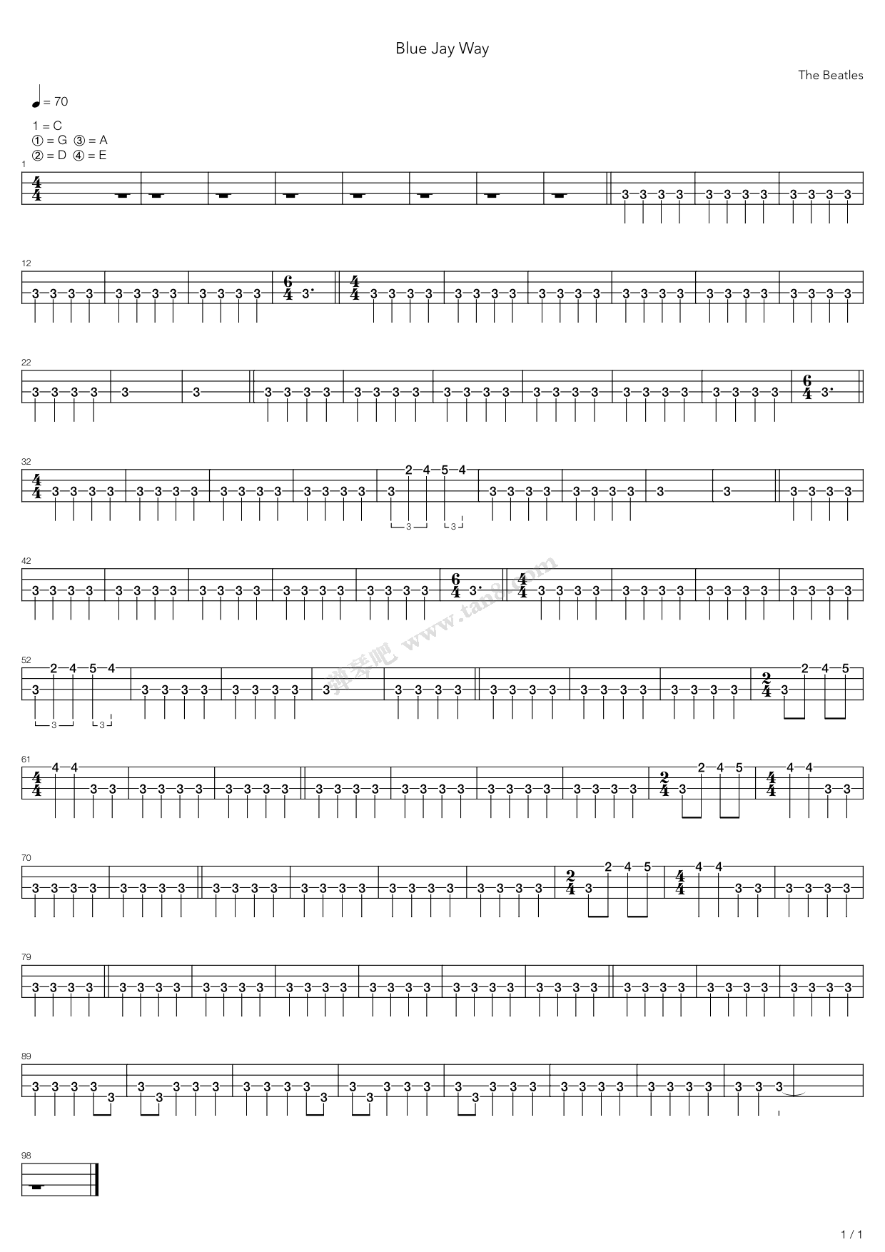 《Blue Jay Way》,The Beatles（六线谱 调六线吉他谱-虫虫吉他谱免费下载