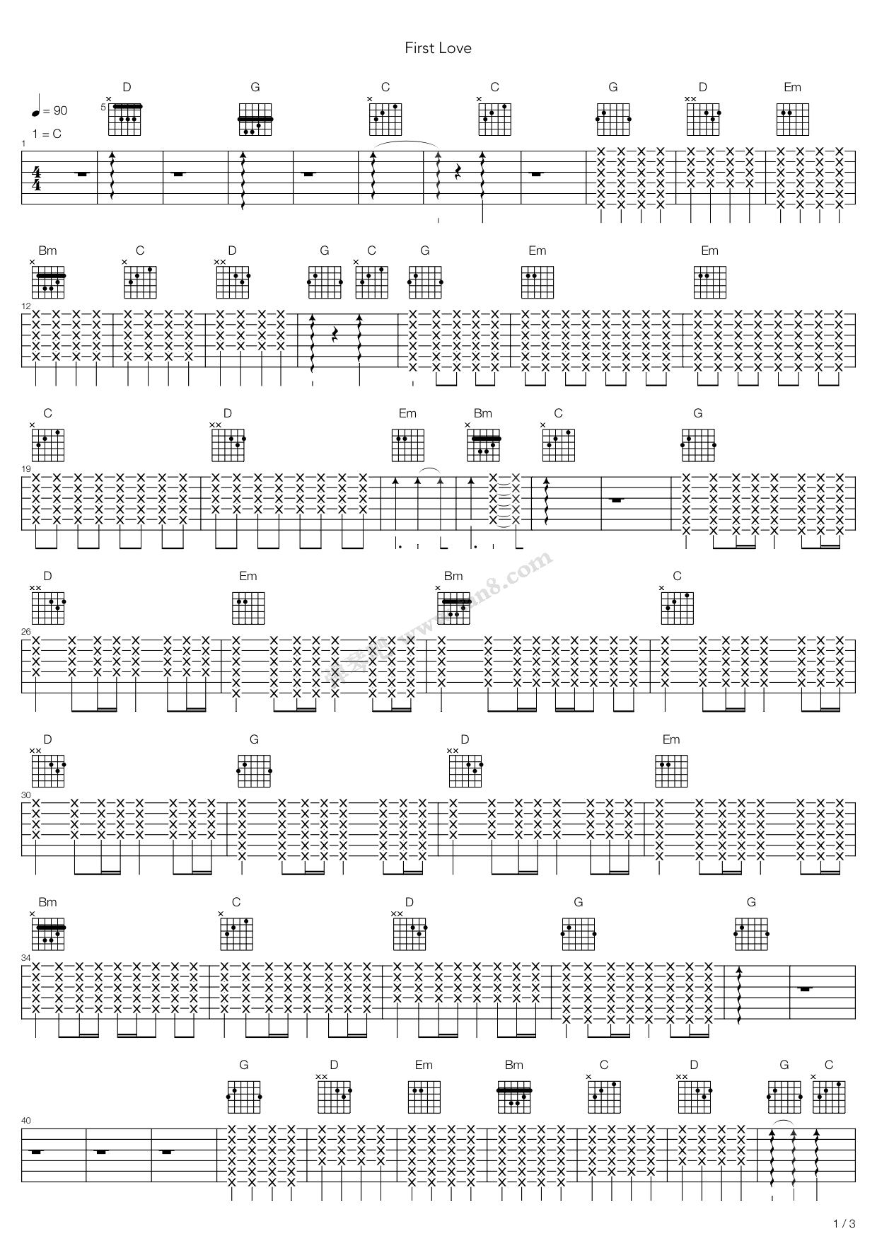 《First Love》,宇多田ヒカル（六线谱 调六线吉他谱-虫虫吉他谱免费下载