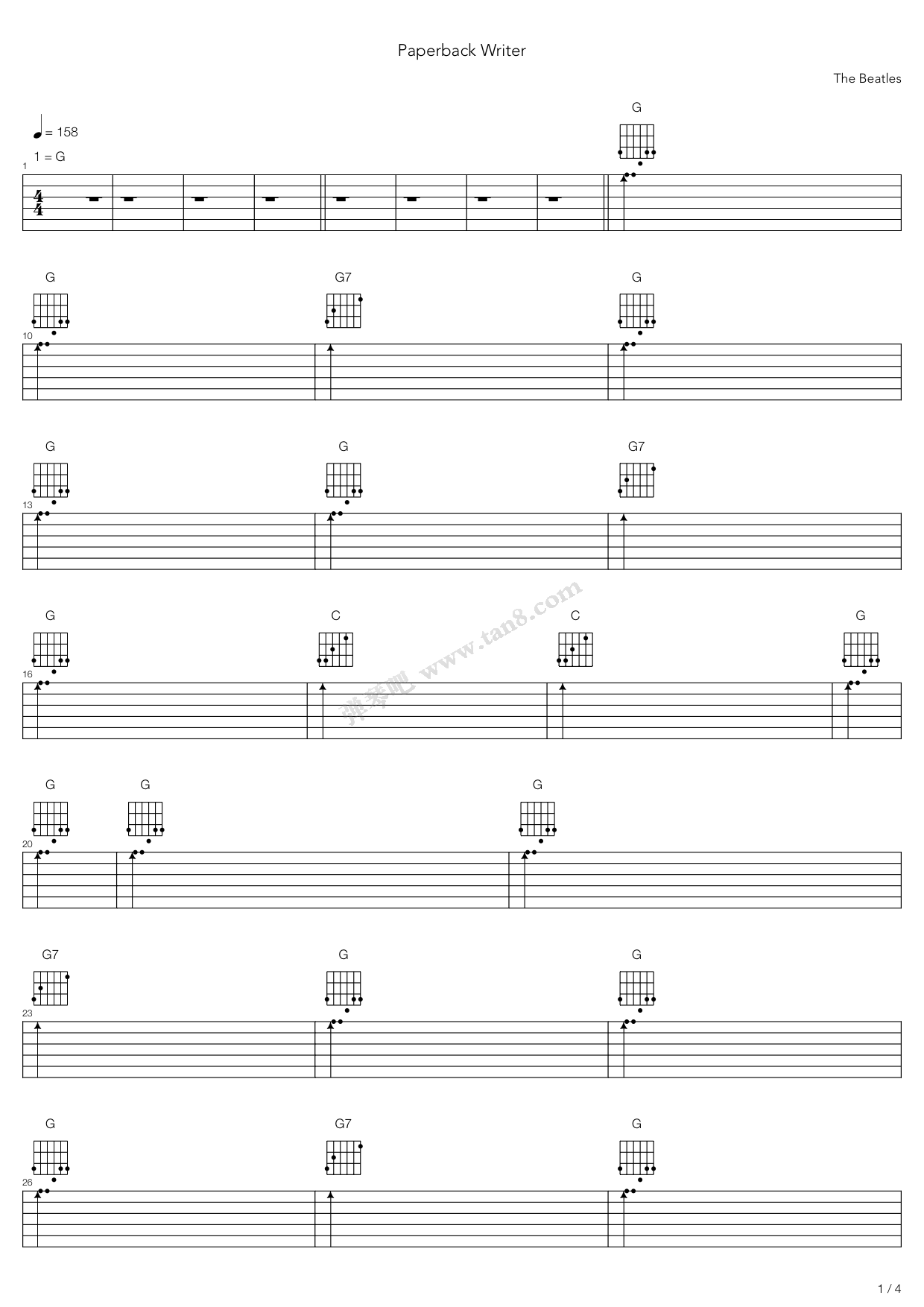 《Paperback Writer》,The Beatles（六线谱 调六线吉他谱-虫虫吉他谱免费下载