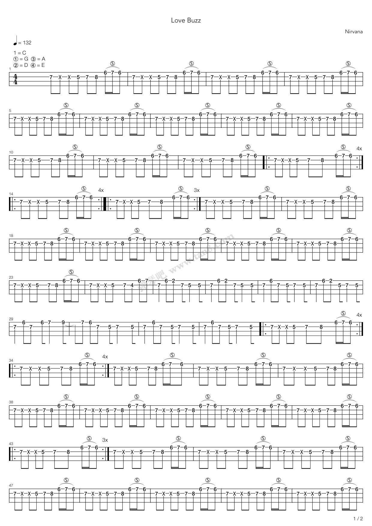 《Love Buzz》,Nirvana（六线谱 调六线吉他谱-虫虫吉他谱免费下载