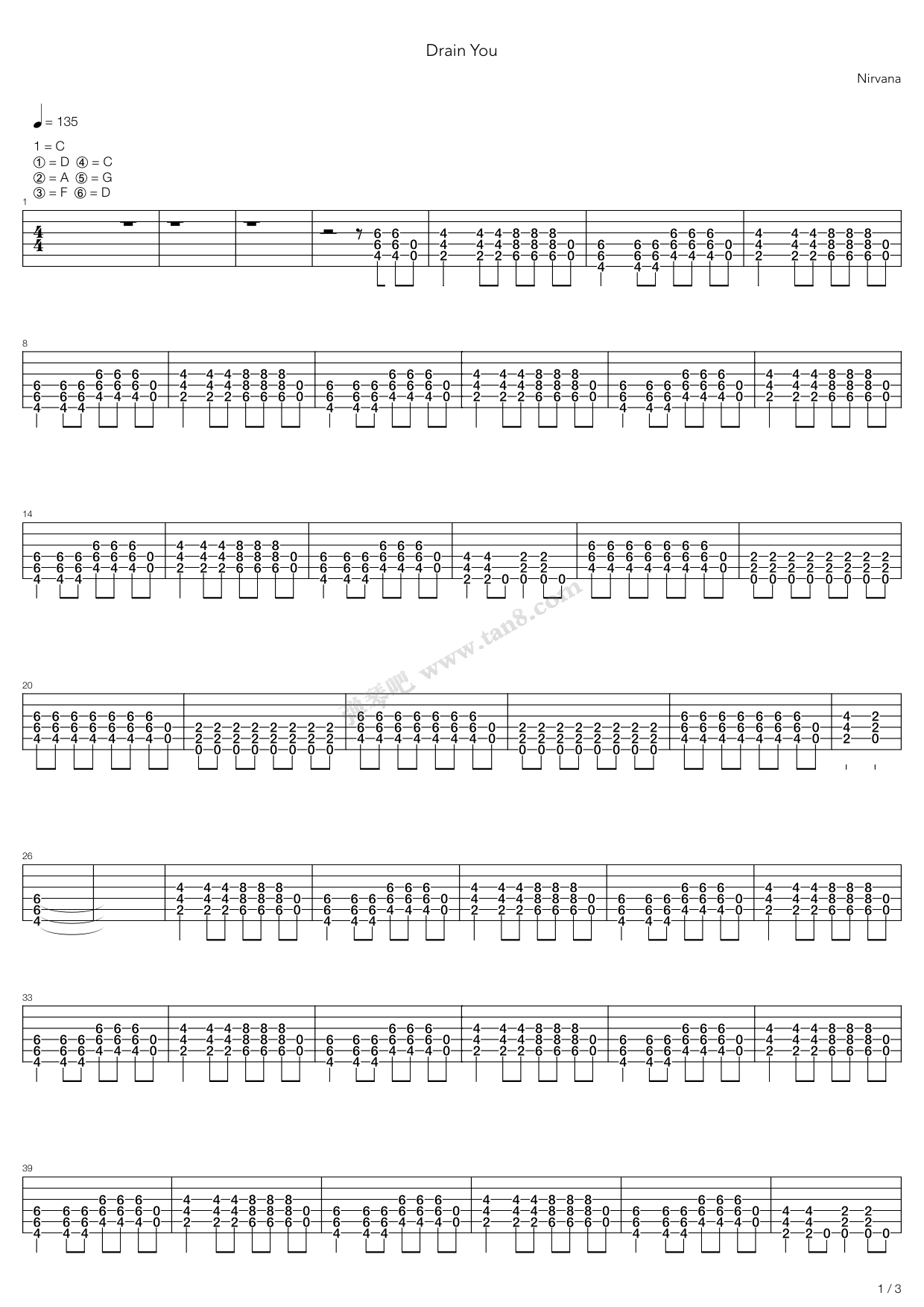 《Drain You》,Nirvana（六线谱 调六线吉他谱-虫虫吉他谱免费下载