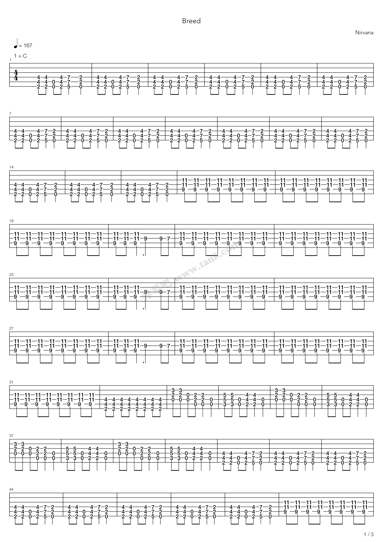 《Breed》,Nirvana（六线谱 调六线吉他谱-虫虫吉他谱免费下载