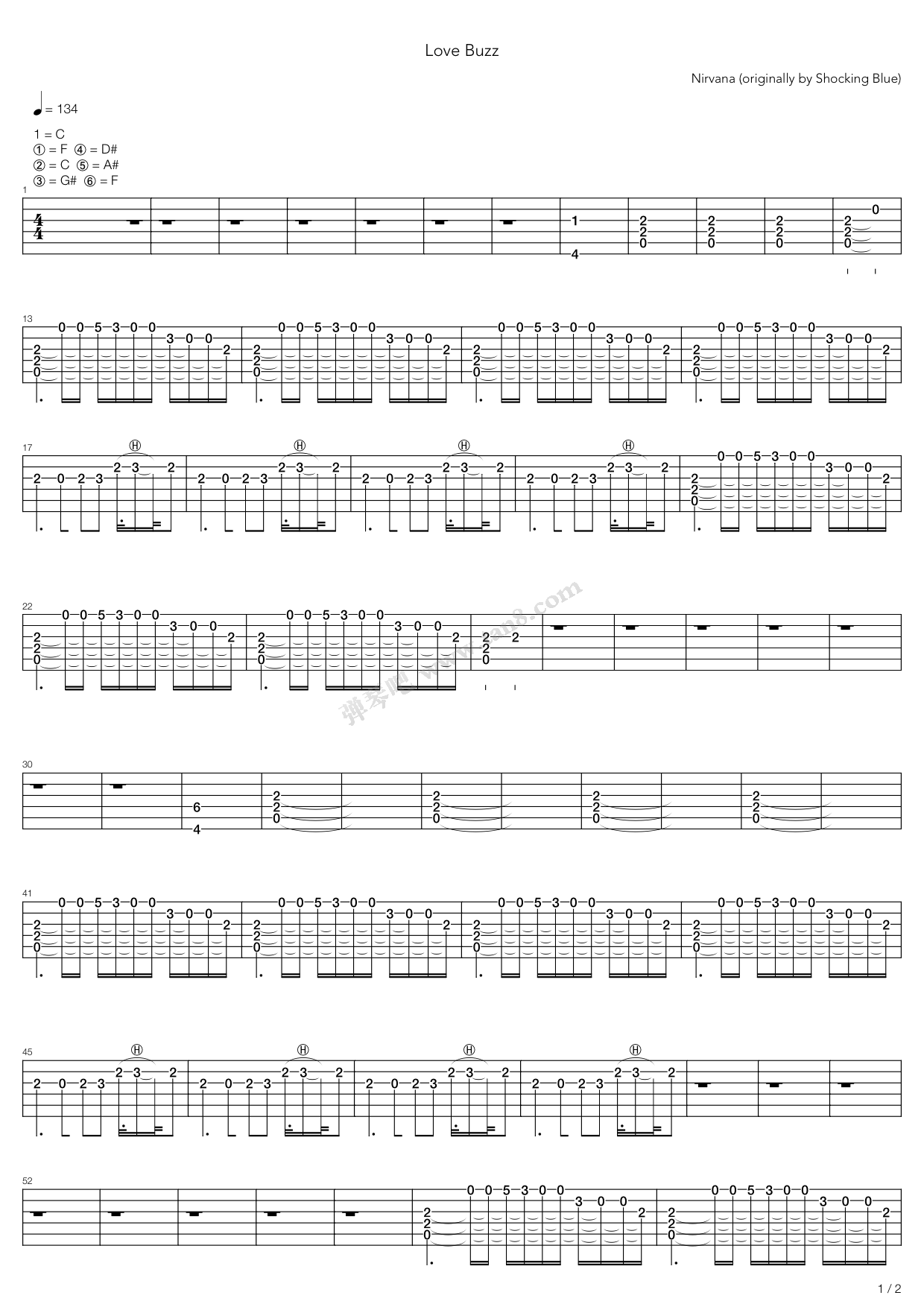 《Love Buzz (Shocking Blue Cover)》,Nirvana（六线谱 调六线吉他谱-虫虫吉他谱免费下载