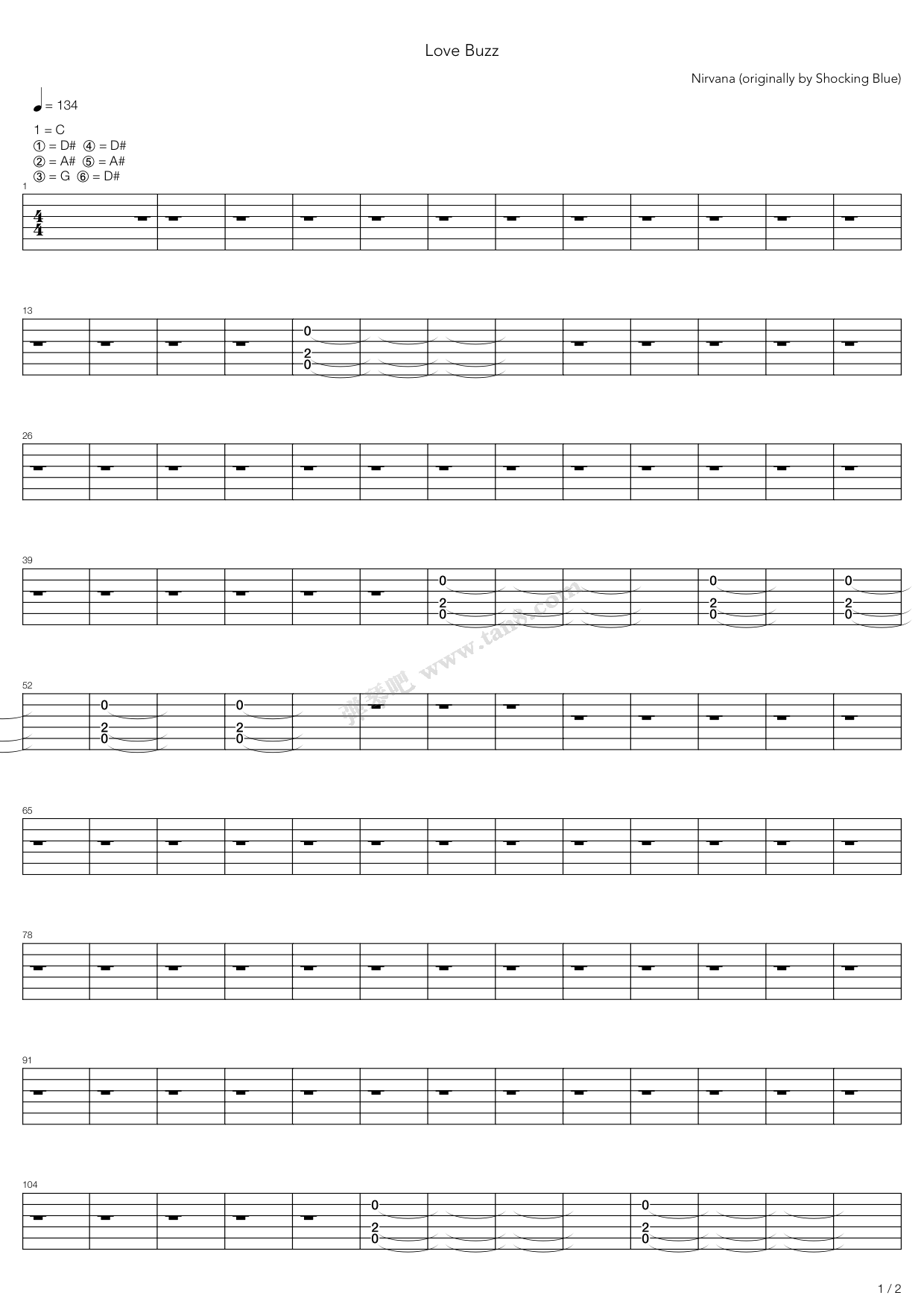 《Love Buzz (Shocking Blue Cover)》,Nirvana（六线谱 调六线吉他谱-虫虫吉他谱免费下载