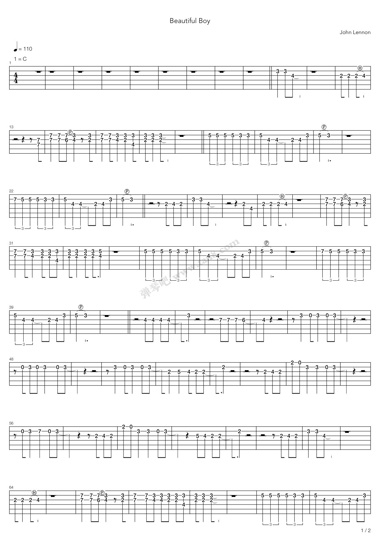 《Beautiful Boy》,John Lennon（六线谱 调六线吉他谱-虫虫吉他谱免费下载